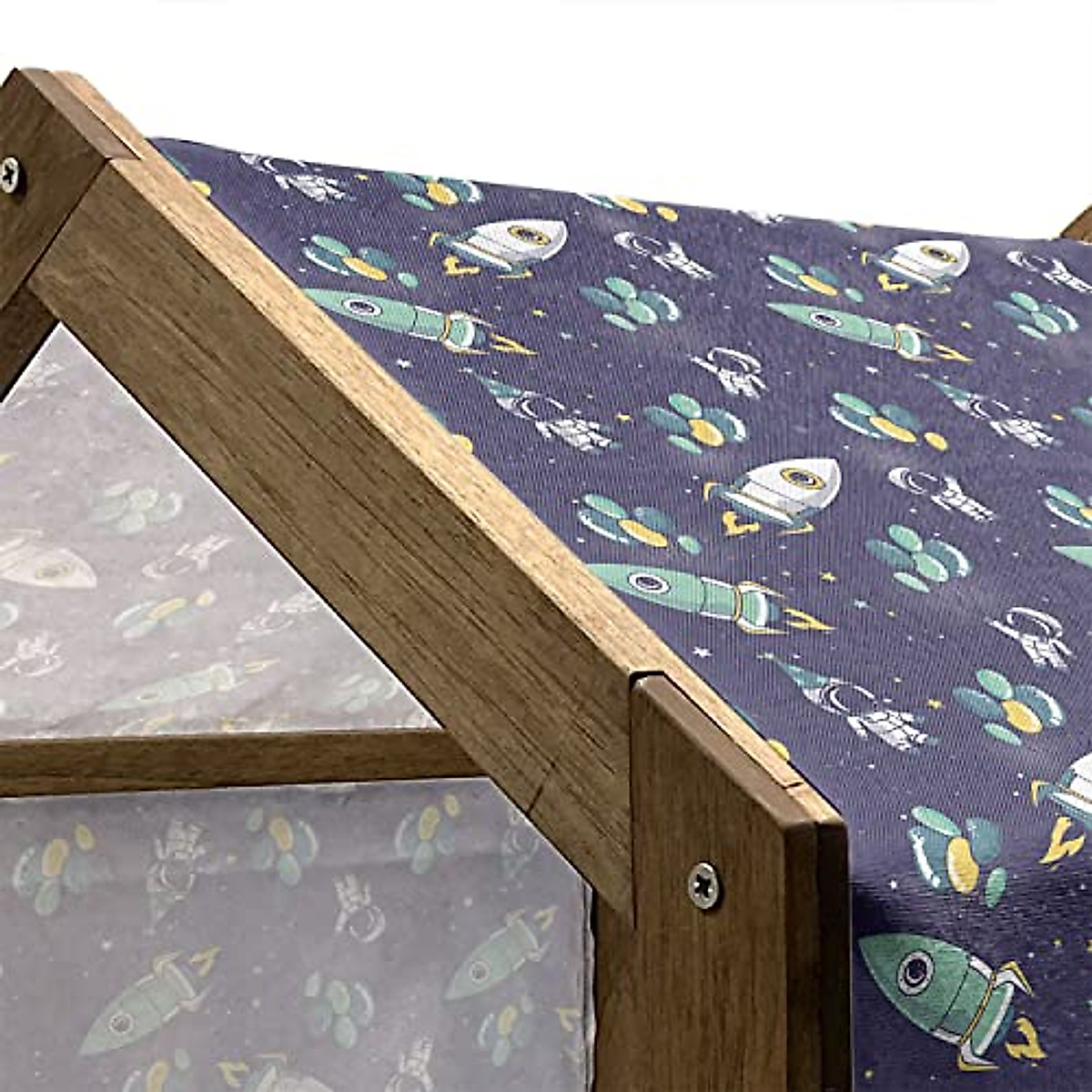 Ambesonne Party Wooden Pet House, Starry Space with Balloons Tied to Rockets Boys Birthday Celebration, Indoor & Outdoor Portable Dog Kennel with Pillow and Cover, Large, Violet Blue Yellow