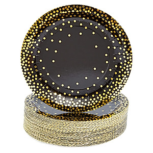 BLUE PANDA 48-Pack Black and Gold Party Plates, 7 Inch Paper Plates for Birthday Cake and Desserts