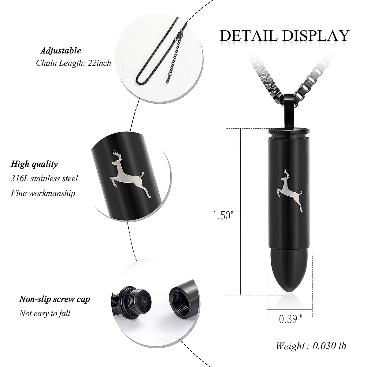 XSMZB Cremation Jewelry for Ashes Bullet Shape Pendant Urn Necklace Stainless Steel Keepsake Memorial Jewelry for Men Women(3pcs black)