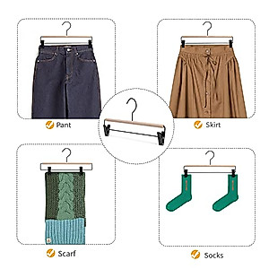 Nature Smile Deluxe Beech Wooden Pants Hangers Bottom Hanger Jeans Hanger Trousers Skirt Hanger with 2-Adjustable Black Matt Clips and Hook 10 Pack (Natural Wood+Black Metal)