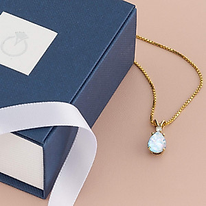 PEORA 14K Yellow Gold Created White Opal with Genuine Diamond Pendant for Women, Elegant Teardrop Solitaire, 1 Carat Pear Shape, 10x7mm