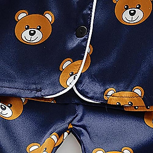 FEDULK Toddler Kids Satin Pajamas Sets, Little Boys Girls Baby Cartoon Animal Button Tops Pants Pjs Sleepwear Outfits(B-Navy,3 Years), 3-4T