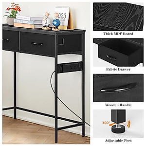 Narrow Console Table with Drawers Black Entryway Table with Storage Shelves Behind Sofa Table with Outlet for Living Room Bedroom Couch Hallway, Black