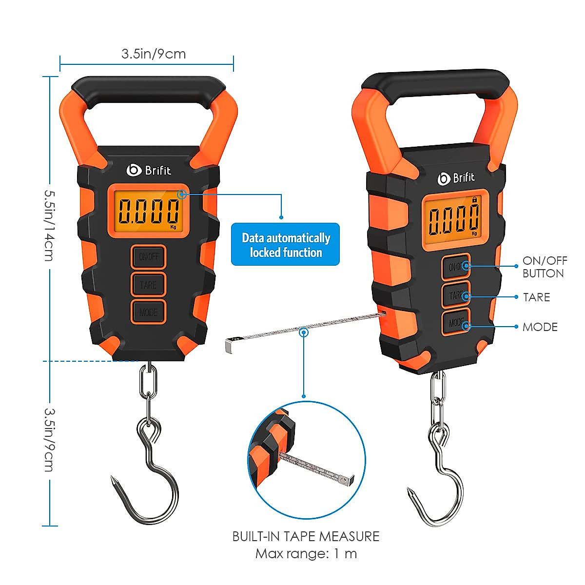 AMIR Digital Fishing Scale with Ruler, 15g/50kg Electronic Digital Luggage Scale, 110lb Max Fishing Postal Hanging Hook Scale with Measuring Tape, Backlit LCD Display (Batteries Included)