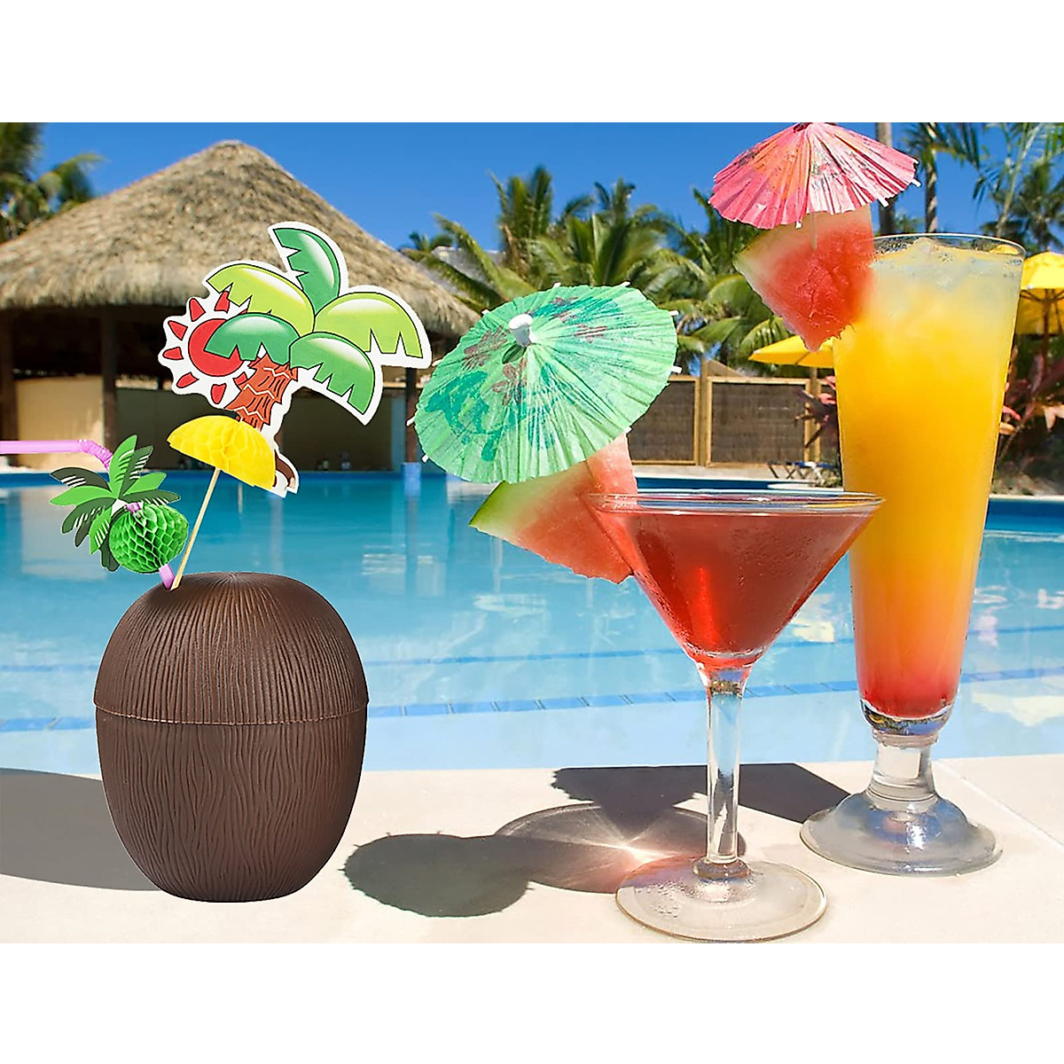 ALINK 18 Coconut Cups with 18 Straws and 18 Cocktail Drink Picks, Hawaiian Luau Tiki and Beach Party Decorations for Kids and Adults