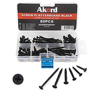 Akord Plasterboard Screw Assortment Kit 80PCS, 6 & #8 Fine Thread Drywall Screw, Black, Bugle Head, Phillips Drive, Needle Point, for Home Wood Repair or Indoor Metal Studs