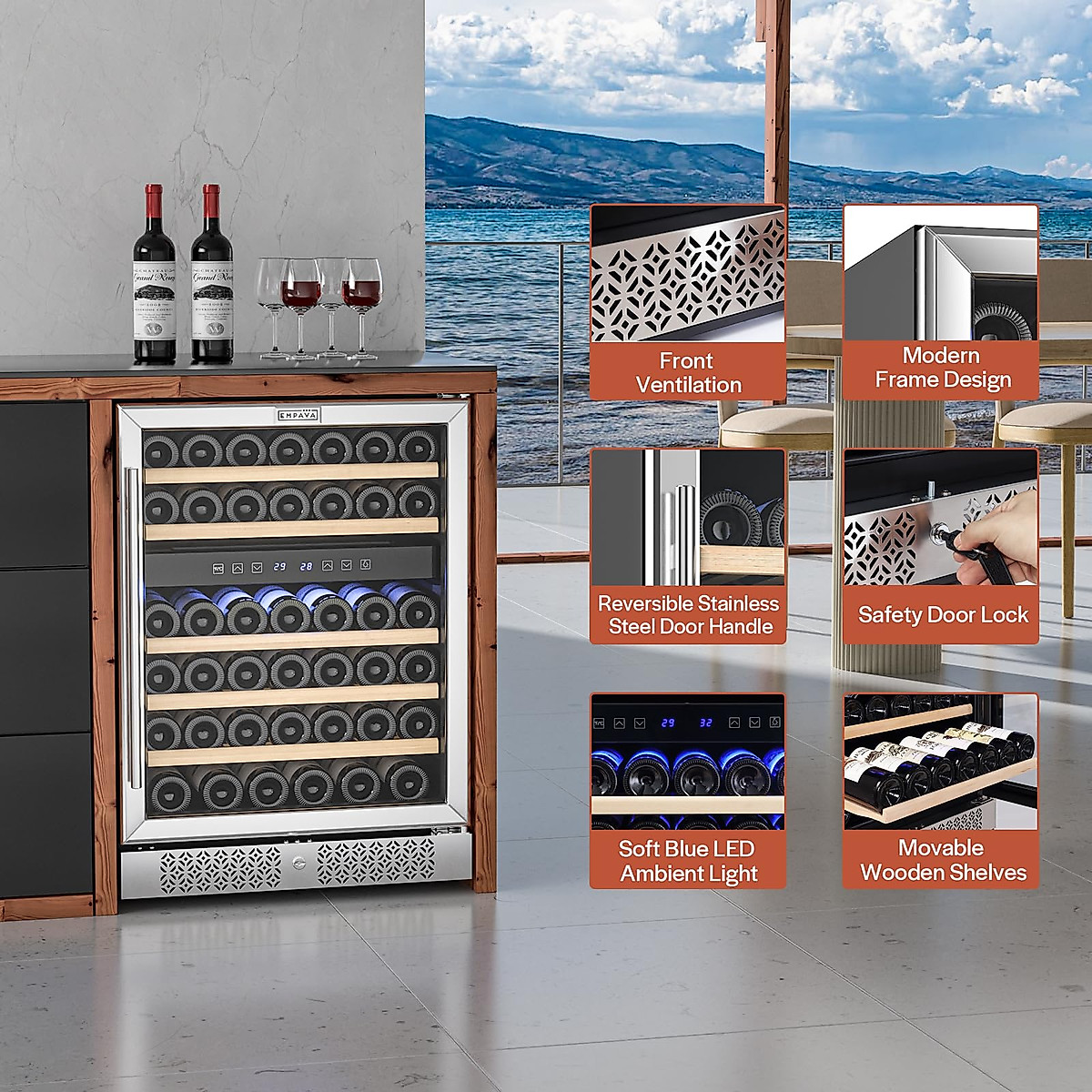 Empava Refrigerator 24 inch Double Zone Fridge for 46 Bottles Built in or Freestanding Compressor Chiller Stainless Steel Glass Door for Home, Office Bar Wine Cooler with Wood Shelves, Silver