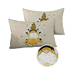 Yellow Honey Summer Bee Dwarf Spring Flower Outdoor Pillow Cover 12x20 Inch Cushion Sham Case, Waterproof Decorative Lumbar Throw Pillowcase for Outside Garden Patio Porch Couch Chair Tent