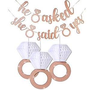 C L cooper life Engagement Party Decorations, Bridal Shower Supplies, He Asked She Said Yes Garland Rose Gold Glitter Diamond Rings (3pcs), Engaged Banner Rose Gold Glitter Letters for Engagement