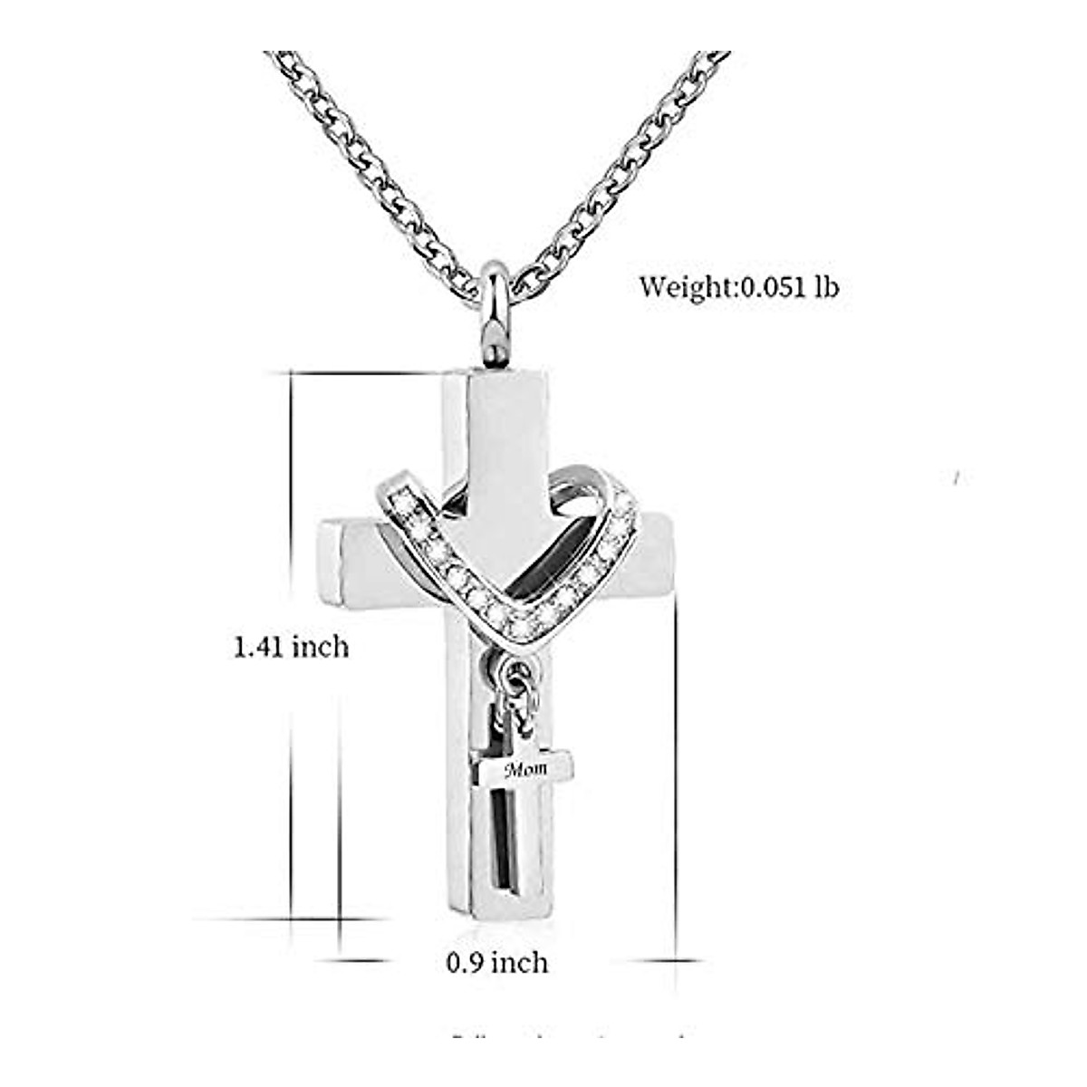 MEMORIALU Cross Mom Urn Necklaces for Ashes Cremation Crucifix Keepsake Memorial Women Stainless Steel Pendant Necklace