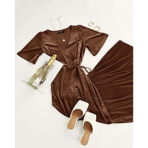 MEROKEETY Women's V Neck Velvet Formal Dress Ruffle Sleeve Tie Waist Slit Elegant Long Dresses 2024, Brown, Medium