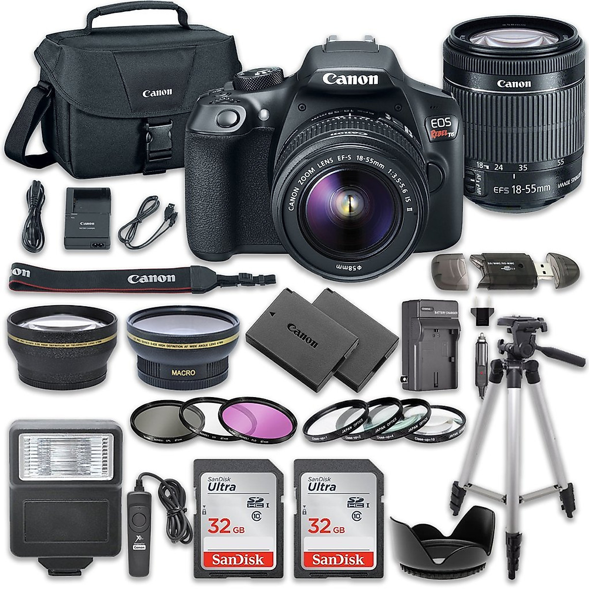 Canon EOS Rebel T6 DSLR Camera Bundle with Canon EF-S 18-55mm f/3.5-5.6 IS II Lens + 2pc SanDisk 32GB Memory Cards + Accessory Kit (Renewed)