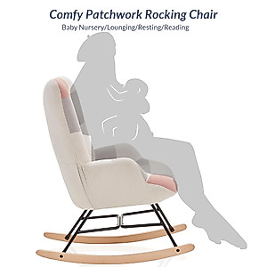 BELLEZE Colorful Patchwork Rocking Chair, Widen Nursery Rocking Chairs Comfy Linen Upholstered Glider Rocker with Solid Wood Legs for Living Room Bedroom Nursery - Paramount (Patchwork B)