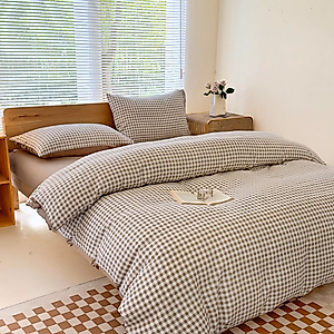 NSNLGSGC Twin Grid Gingham Duvet Cover Set Tan - Washed Soft Comforter Cover Set Brown Lightweight Bedding Set (2PCS, Twin)