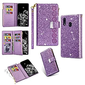 BOYUHII Silicone Protective Case for Phone for Samsung Galaxy A30 / A20 Multi-Card Slots Starry Sky Laser Carving Glitter Zipper Horizontal Flip Leather Case with Holder & Wallet & Lanyard ATCYE