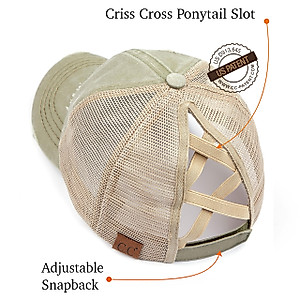 C.C Exclusives Washed Distressed Cotton Denim Criss-Cross Ponytail Hat Baseball Cap Bundle Hair Tie (BT-780)(BT-791) (A Elastic Band-Olive)