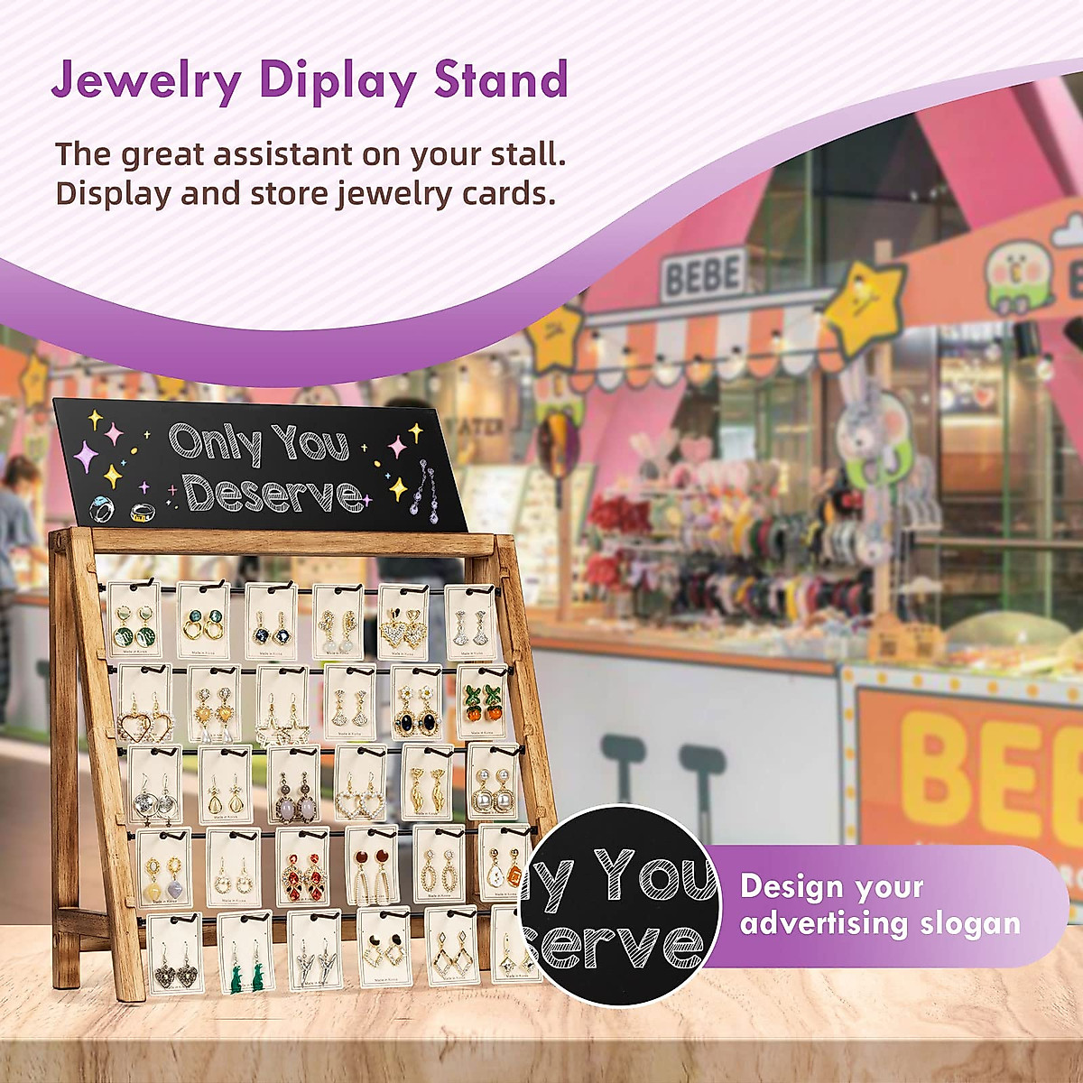 Poyilooo Earring Display Stands for Selling, Real Wood Jewelry Display for Selling Vendors with Adversitsing Board, Large Capacity Earring Cards for Selling Rack Holder for Earring Cards