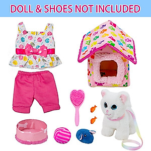 ZNTWEI American Doll Clothes and Accessories - Pet Kitty Play Set fit American 18 Inch Doll Including 18 Inch Doll Clothes, Pet Nest, Cat Pot, Toy Ball, Hair Comb, Toy Fish
