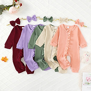 Mikrdoo 3-6 Month Baby Girl Clothes One-sies Sleeper Fall Winter Outfits Long Sleeve Little Girls' Clothing One-Piece Zipper Romper Infant Clothe Set with Headband for 3-6M Baby Apricot