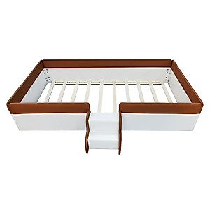 PU Upholstered Floor Bed with Fence and Stairs, Twin Floor Bed with Slats, Montessori Floor Bed for Kids, Girls, Boys, Twin Size Montessori Bed (Brown+White)
