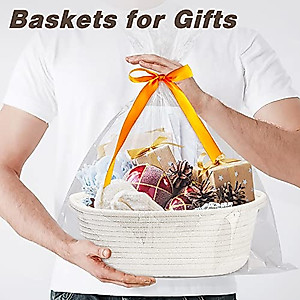 Pro Goleem Small Woven Basket with Gift Bags and Ribbons Durable Baskets for Gifts Empty Small Rope Basket for Storage 12"X 8" X 5" Baby Toy Basket with Handles,White
