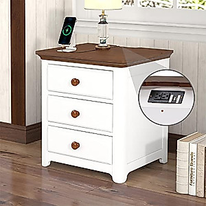 Flieks Wooden Nightstand with USB Charging Ports and Three Drawers,End Table for Bedroom,White+Walnut