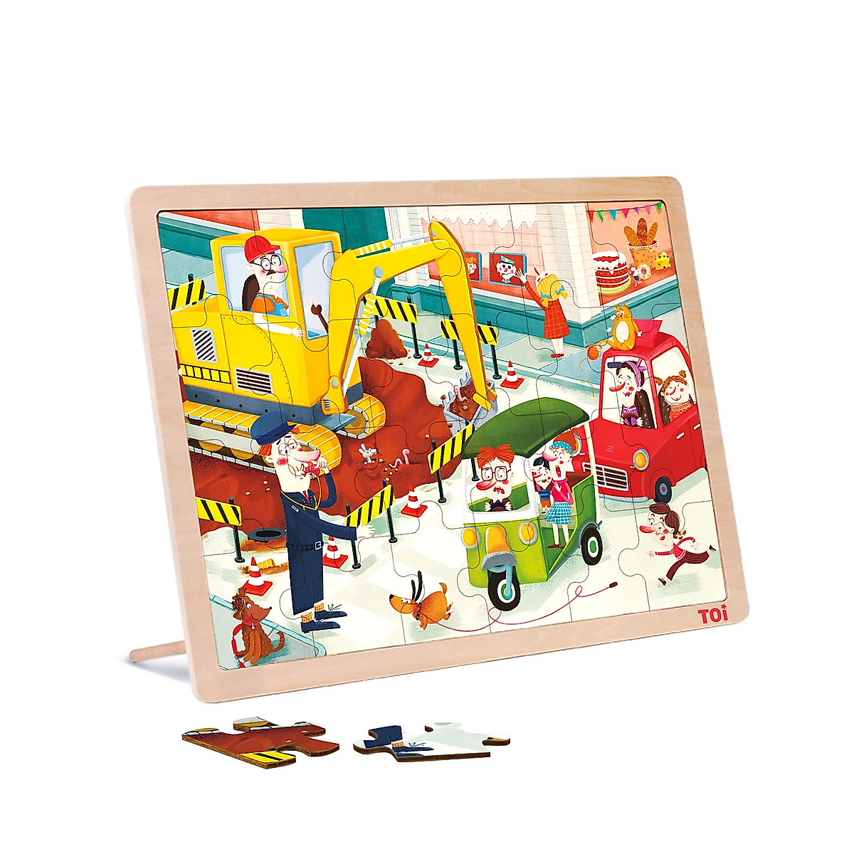 Toi 24 PCs Wooden Puzzles for Kids Toddlers Animal Jigsaw Puzzles with Wooden Bracket Age 3+ Educational Preschool Toys,Construction Car