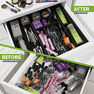 Expandable Bamboo Organizer 8 Compartment 2 Piece Set - Bamboo Drawer Dividers Organizer - Adjustable Drawer Holder for Kitchen, Silverware, Flatware, Living Room and Utensils (Black and Natural)