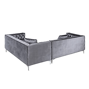 Iconic Home Mozart Elegant Velvet Modern Deeply Tufted with Silver Nailhead Trim Chrome Legs Right Facing Sectional Sofa, Grey