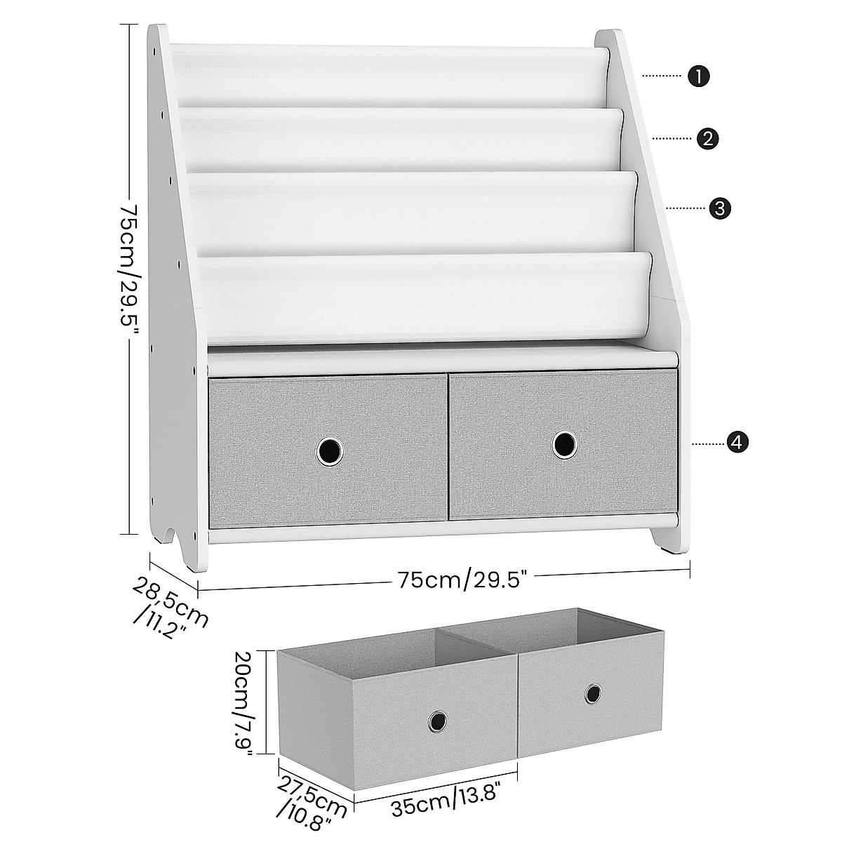 CHOEZON Kids Bookshelf and Toy Storage, 4 Tier Large Capacity Kids Book Rack, Sling Kids Bookcase, for Kids Room, Nursery, Playroom, White and Gray MCW06WT