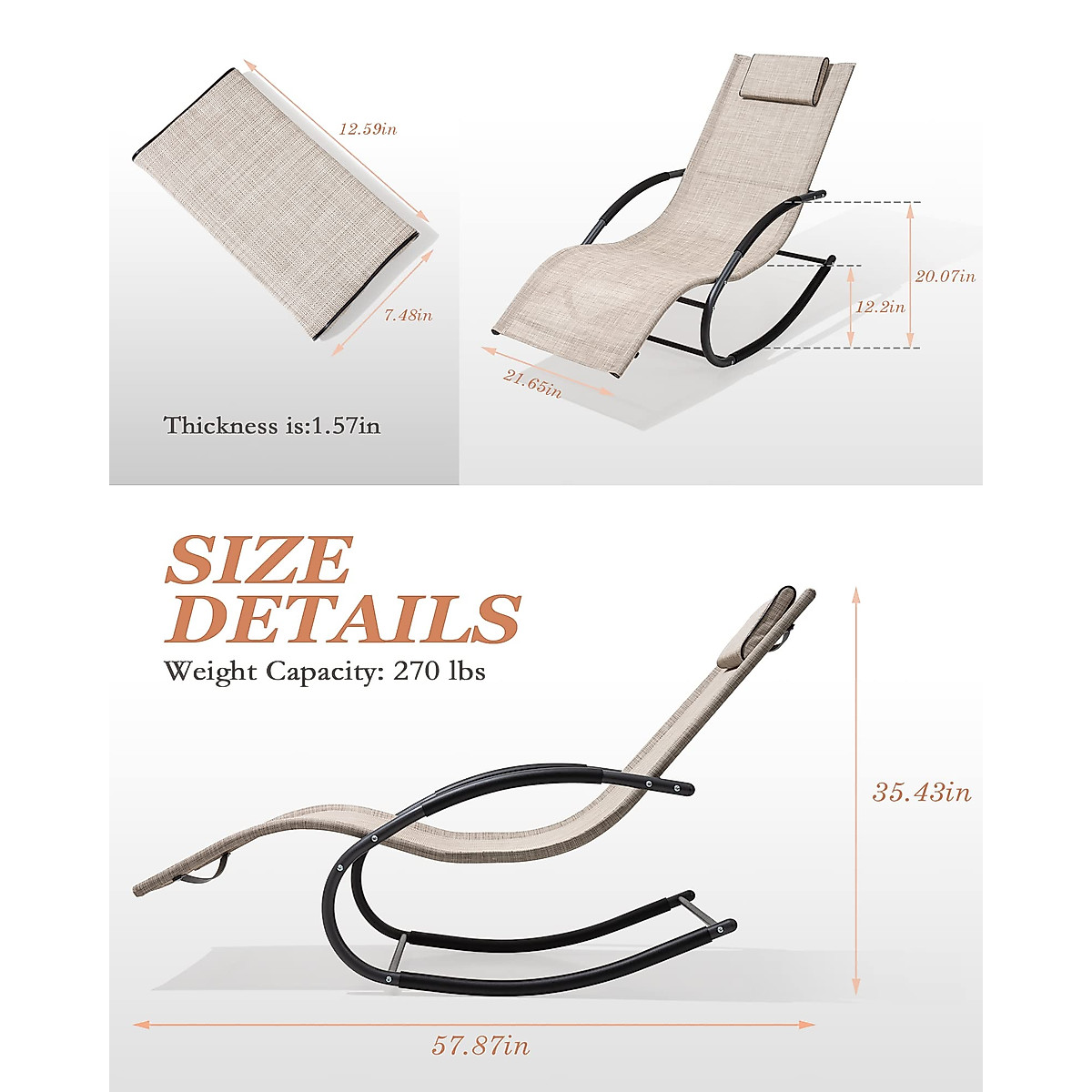 Crestlive Products Patio Rocking Chair Curved Rocker Chaise Lounge Chair with Pillow for Beach Yard Pool Outdoor Indoor, Gray Steel Frame (2 PCS Beige)