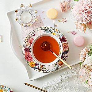 Lyellfe Set of 2 Tea Cup and Saucers, 8 Oz Floral Tea Cups with Gold Trim and Spoon, Porcelain British Coffee Cups, Cappuccino Espresso Latte Cup Mugs for Party Birthday Wedding Gifts