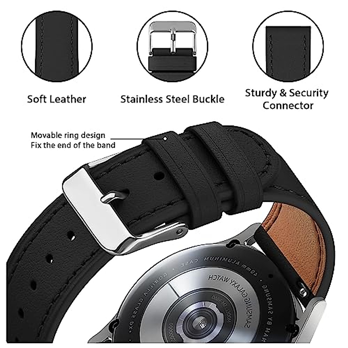 Vancle band Compatible with Samsung Galaxy Watch 5 40mm 44mm/Watch 5 Pro 45mm/Galaxy Watch 4 Classic 42mm 46mm Women Men, Leather Strap Replacement for Samsung Galaxy Watch 4/5