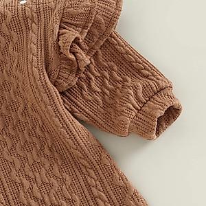 Infant Baby Girls Boys Romper Solid Color Knitted Round Neck Long Fly Sleeve Jumpsuits with Headband (Coffee, 0-6 Months)