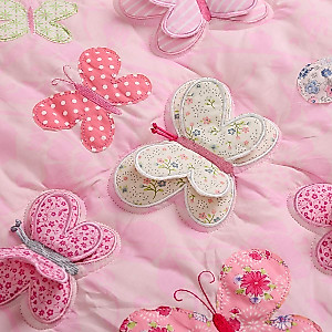 Brandream Pink Butterfly Floral Crib Bedding Set for Girls | 4 Piece Nursery Set | Comforter, Fitted Sheet, Skirt, Diaper Stacker Included