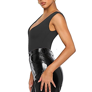 REORIA Women's Summer Sexy Plunge Deep V Neck Sleeveless Double Lined One Piece Tank Tops Thong Bodysuits Leotards for Going Out Black- Medium