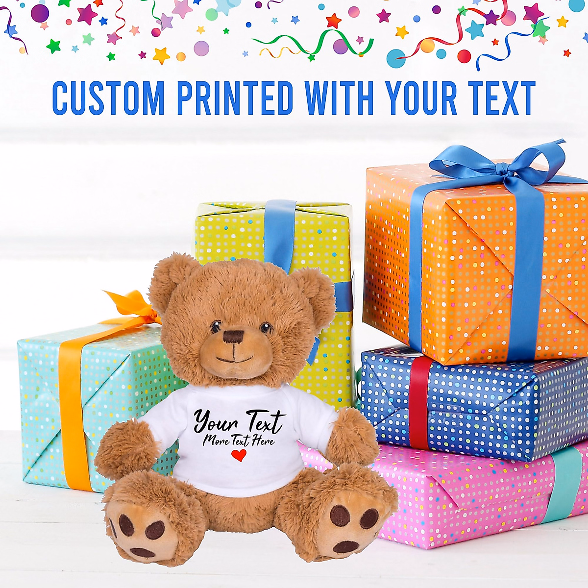 TeesAndTankYou Custom Teddy Bear 8 Inch with Custom Text, Personalized Gift for Anniversary, Graduation, Brown Stuffed Animal White Shirt YT