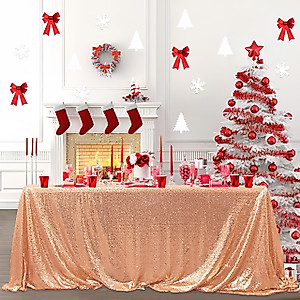 Rectangle 60X120 inch Rose Gold Sequin Table Cloths for Parties, Glitter Shiny Overlay Cover Fitted 6 FT Food Dessert Cake Tables for Birthday Wedding Baby Shower Holiday Reception Decoration