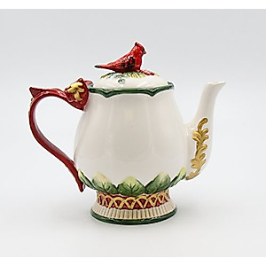 Fine Ceramic Hand Painted Cardinal and Evergreen Pine Cone Design with Red Ribbon Handle Teapot, 8-1/8" L