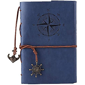 Leather Travel Journal Writing Notebook, Classic Embossed Vintage Nautical Spiral Blank String Refillable Diary Notepad Sketchbook to Write in, Unlined Paper, Retro Pendants (7.3” x5”, Deep Blue)