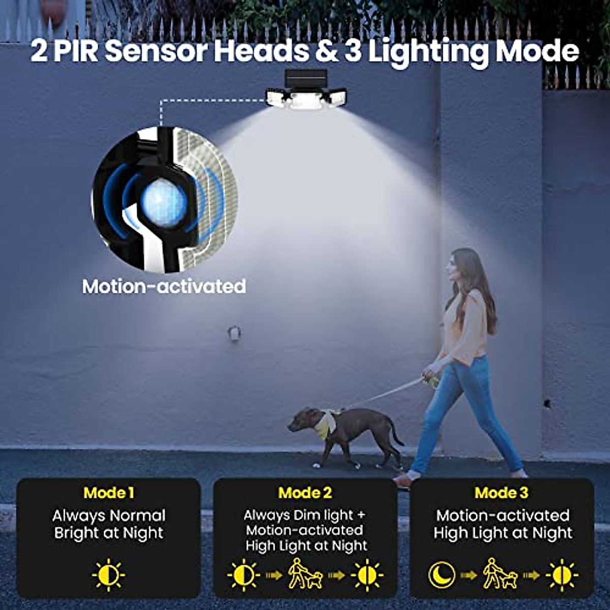 AmbiCasa Solar Outdoor Lights, Super Bright 3000LM 305 LED Motion Sensor Outdoor Flood Lights, IP65 Waterproof 3 Heads Security Lights with 2 Sensors, 3 Modes Wall Lights for Yard Garage Patio