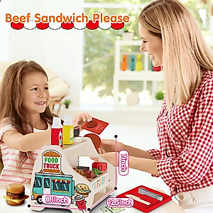 Victostar Wooden Play Food Set (58 pcs) Slice & Stack Sandwich Counter, Pretend Play Store Food Toys, Burger Shop Toys for Boys and Girls