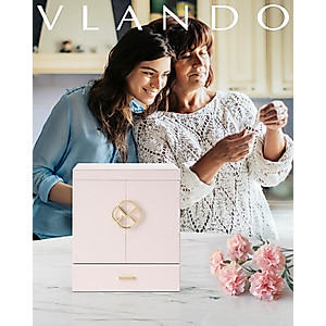 Vlando Large Jewelry Organizer Box for Women,Faux Leather Jewelry Storage with 5 Drawn,Watch Necklace Rings Earrings Case for Mothers Day Gift for Mom Wife Women（Apricot White）