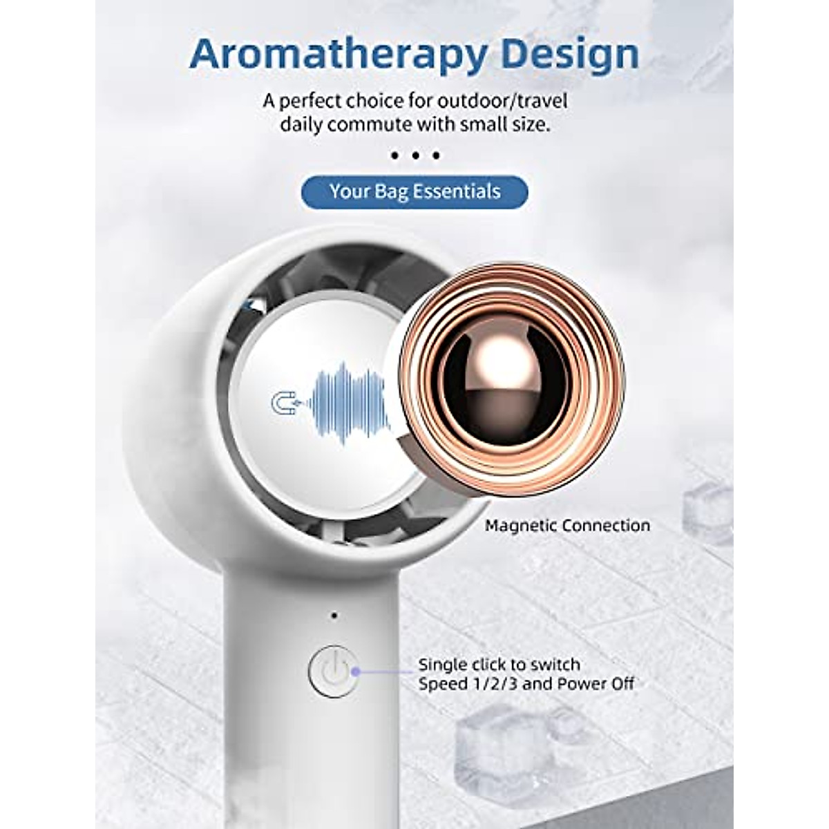 KENSUKA Portable Handheld Fan with Aromatherapy HA1, Personal USB Rechargeable Mini Turbo Fan with 3 Speed Adjustable and Desk Base, Pocket Hand Fans for Women, Travel, Makeup, Outdoor, Indoor.