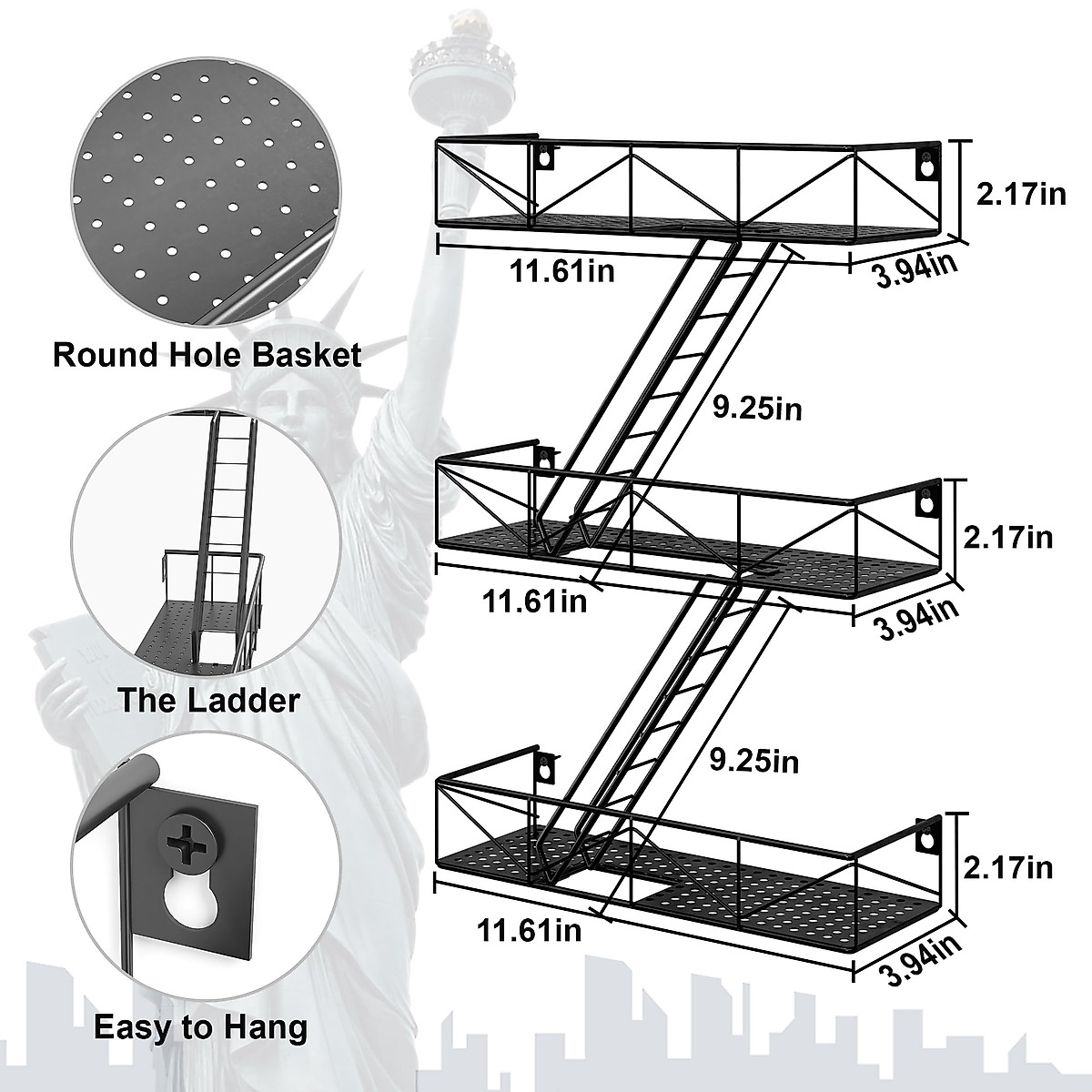 Sumbame Fire Escape Wall Shelf - 3 Tier New York Metal Ladder Shelf, Storage Black Decorative Shelves, Unique Decor Display Shelf for Living Room, Bathroom, Study Room, Funky Home