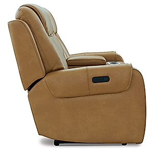 Signature Design by Ashley Card Player Contemporary Faux Leather Tufted Power Reclining Loveseat with Control and Adjustable Headrest, Light Brown