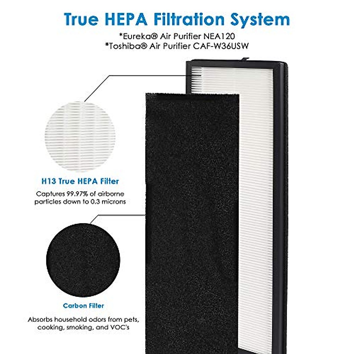 Flintar H13 True HEPA Replacement Filter, Compatible with Eureka NEA120 and Toshiba Smart WiFi Air Purifier, H13 Grade True HEPA (NEA-F1) and 4 Activated Carbon Filters (NEA-C1) (Set of 1)