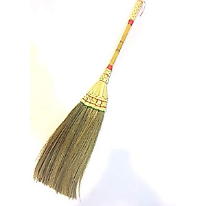 SKENNOVA - 34" of Small Natural Grass Broom for RV's, Cabin & Tents Design Vintage Style of Bamboo Stick Embroidered Woven Thread Nylon Hand Grip Dry Banana Leaf