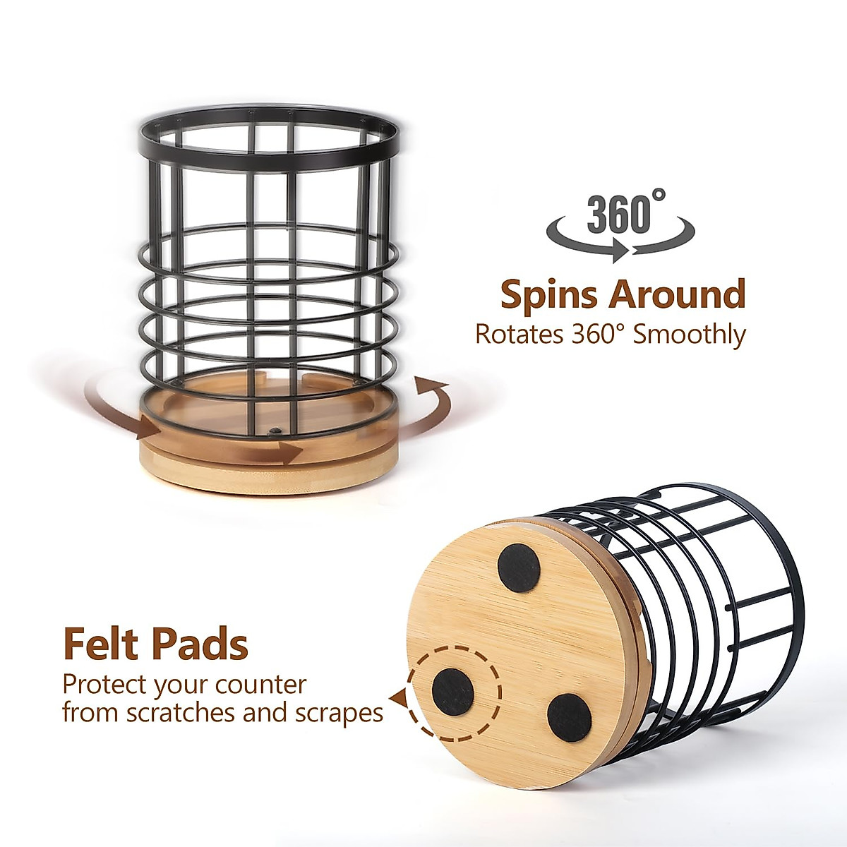 JSVER Utensil Holder Kitchen Utensil Holder, Round Utensil Holder for Kitchen Counter, Cooking Utensil Holder With Wooden Base Matte Black, 360° Rotating Kitchen Utensils Holder