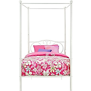 DHP Metal Canopy Kids Platform Bed with Four Poster Design, Scrollwork Headboard and Footboard, Underbed Storage Space, No Box Sring Needed, Twin, White